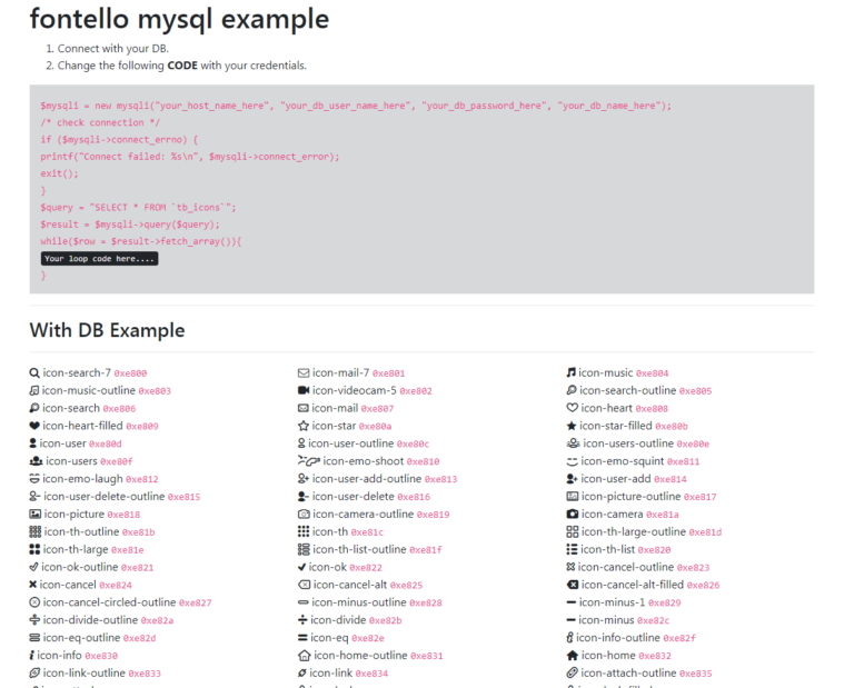 How to integrate Fontello with Mysql [All Icons]